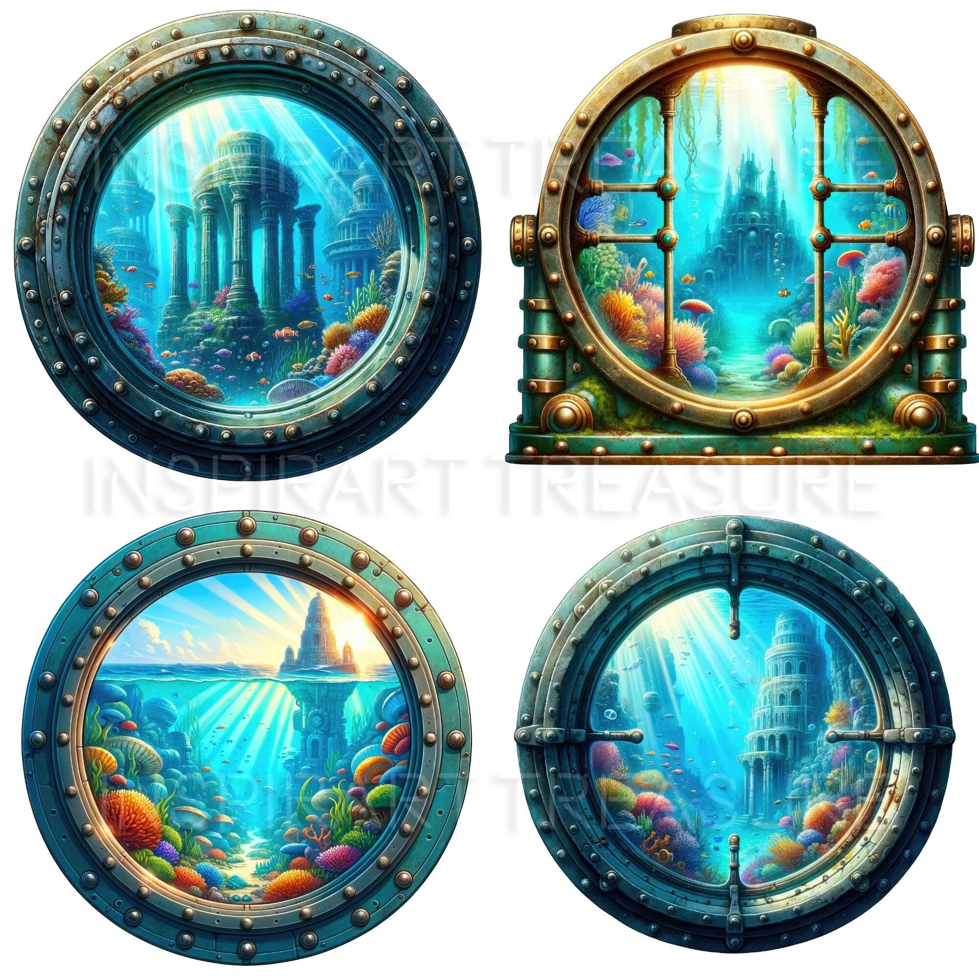 Underwater Fantasy Submarine Window Clipart, Ancient City View, Perfect ...