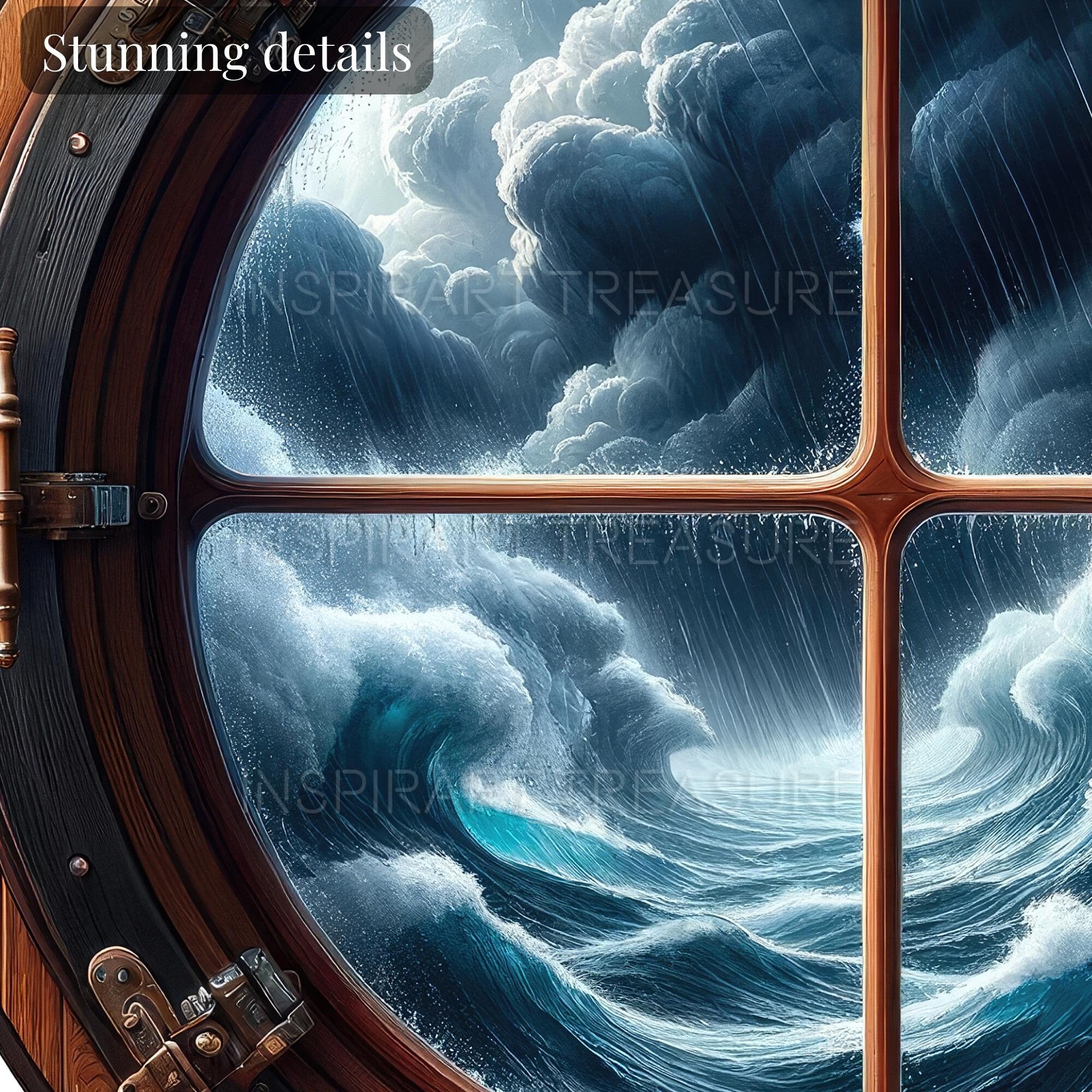 Nautical Watercolor Ship Window Clipart, Stormy Sea View Art, Round ...