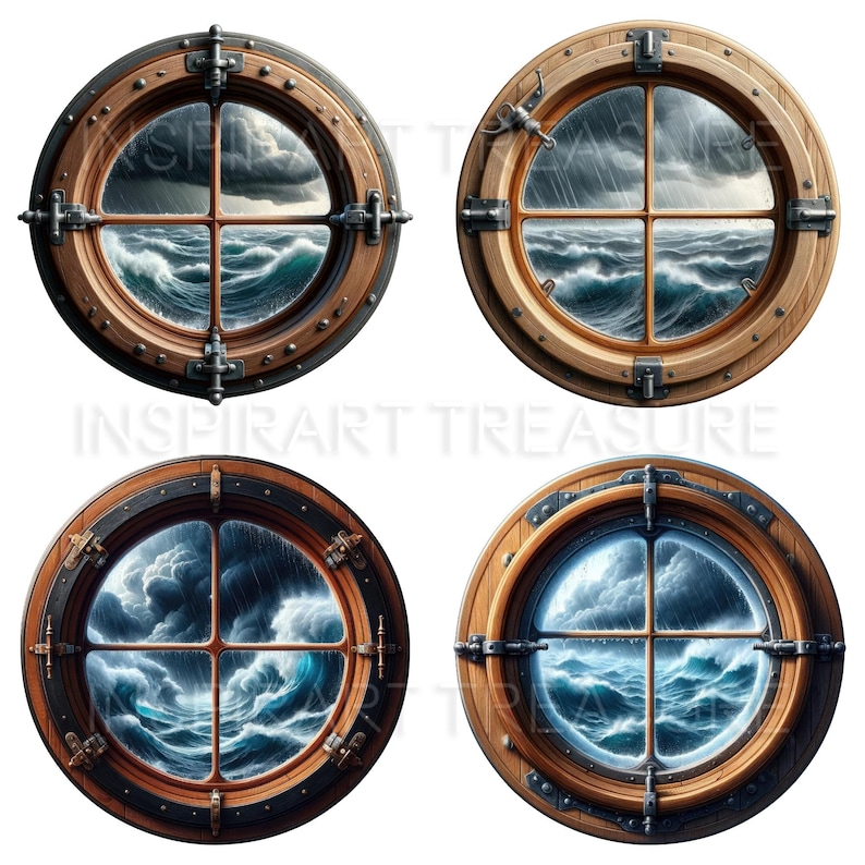 Nautical Watercolor Ship Window Clipart, Stormy Sea View Art, Round ...