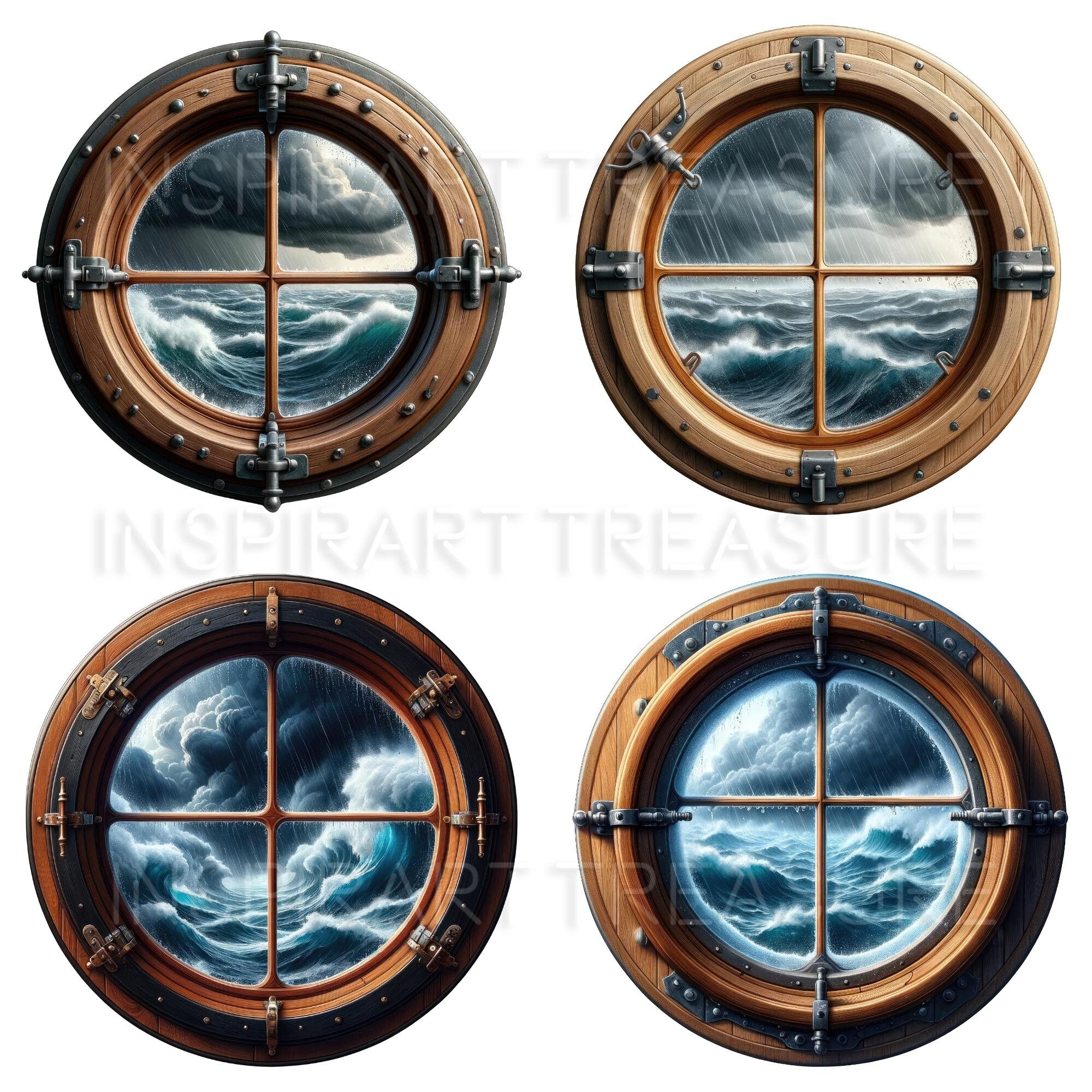 Nautical Watercolor Ship Window Clipart, Stormy Sea View Art, Round ...
