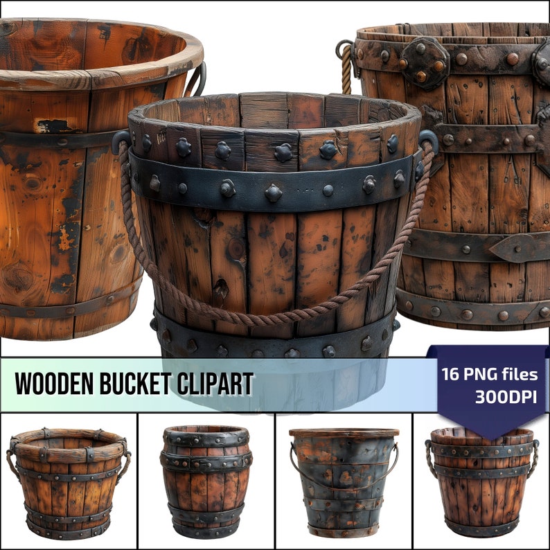 Wooden Bucket Clipart, Garden Bucket, Rustic Garden Decor, Ideal for ...