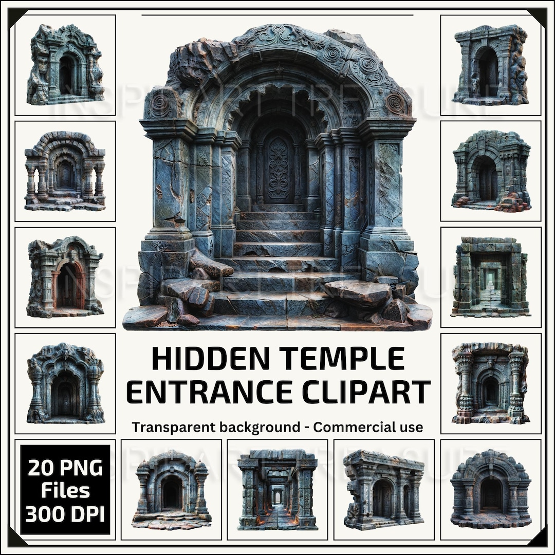 Hidden Temple Entrance Clipart Print for DIY Projects, Ancient Stone ...