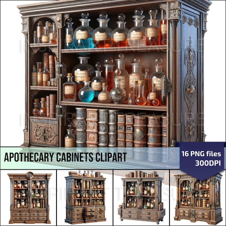 Magic Potion Apothecary Cabinet Clipart, Witchcraft Kit Scrapbook Paper ...