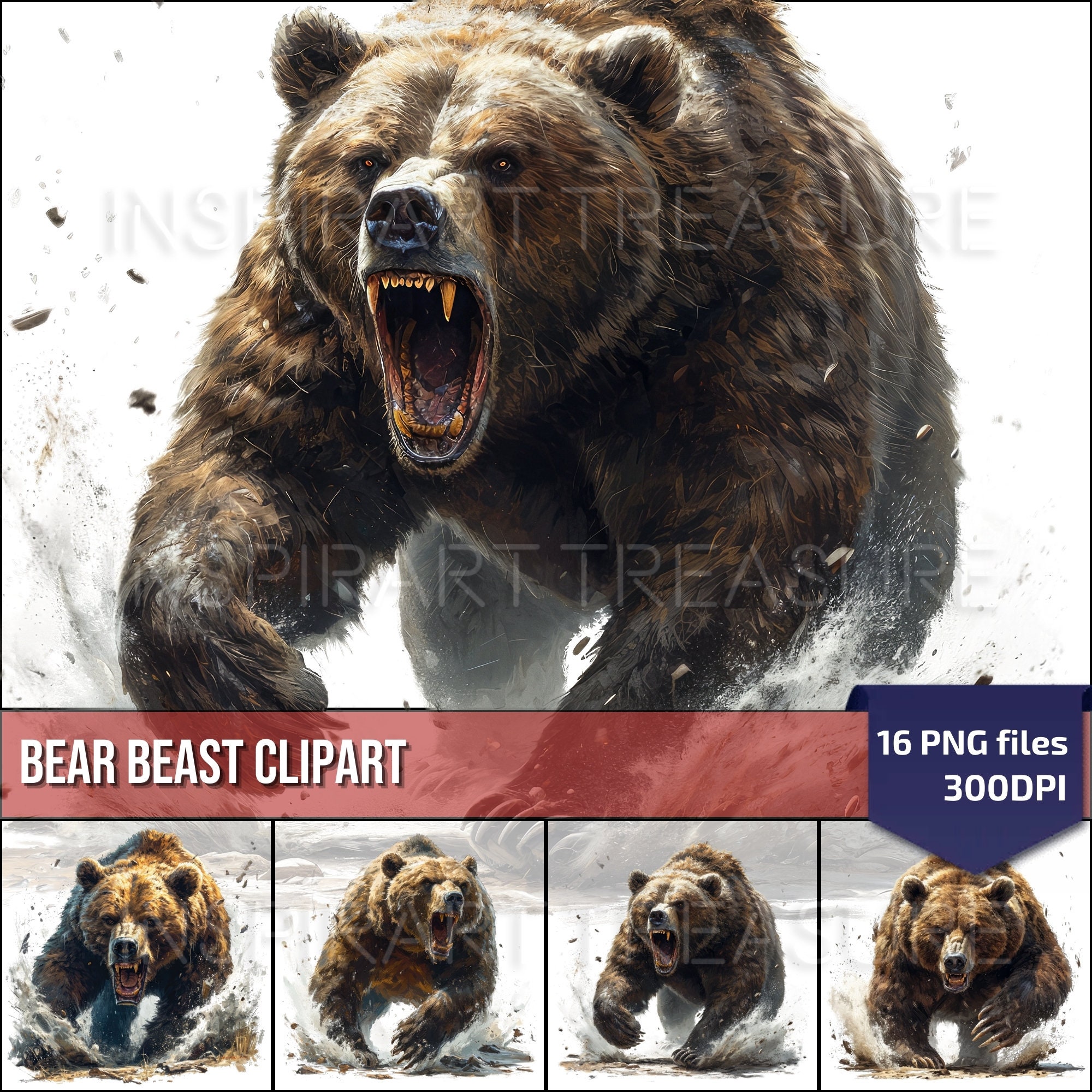Digital Watercolor Bear Clipart, Angry Beast Illustration, Wildlife ...