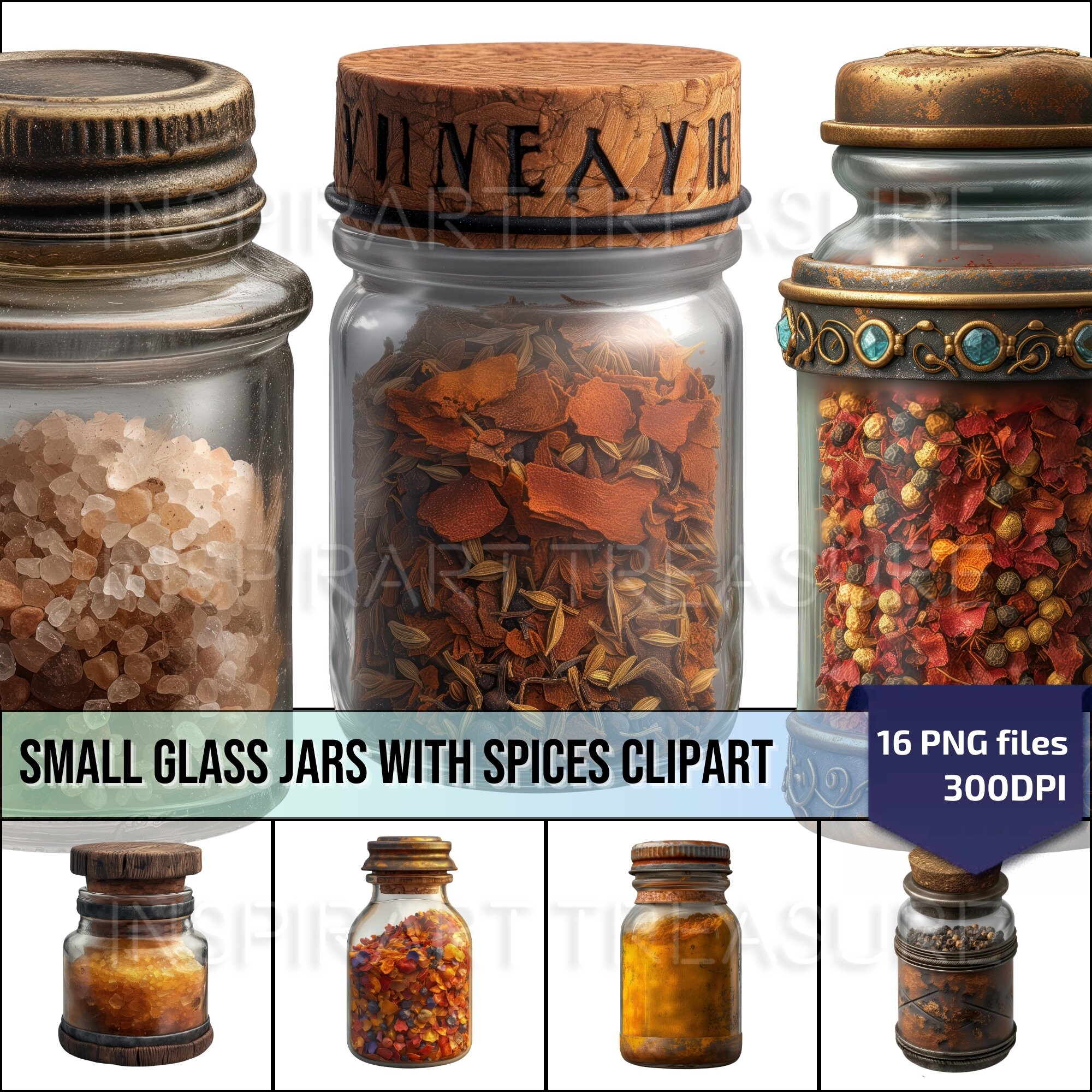 Glass Spice Jars Clipart, Small Glass Jars With Lids, Glass Bottles ...