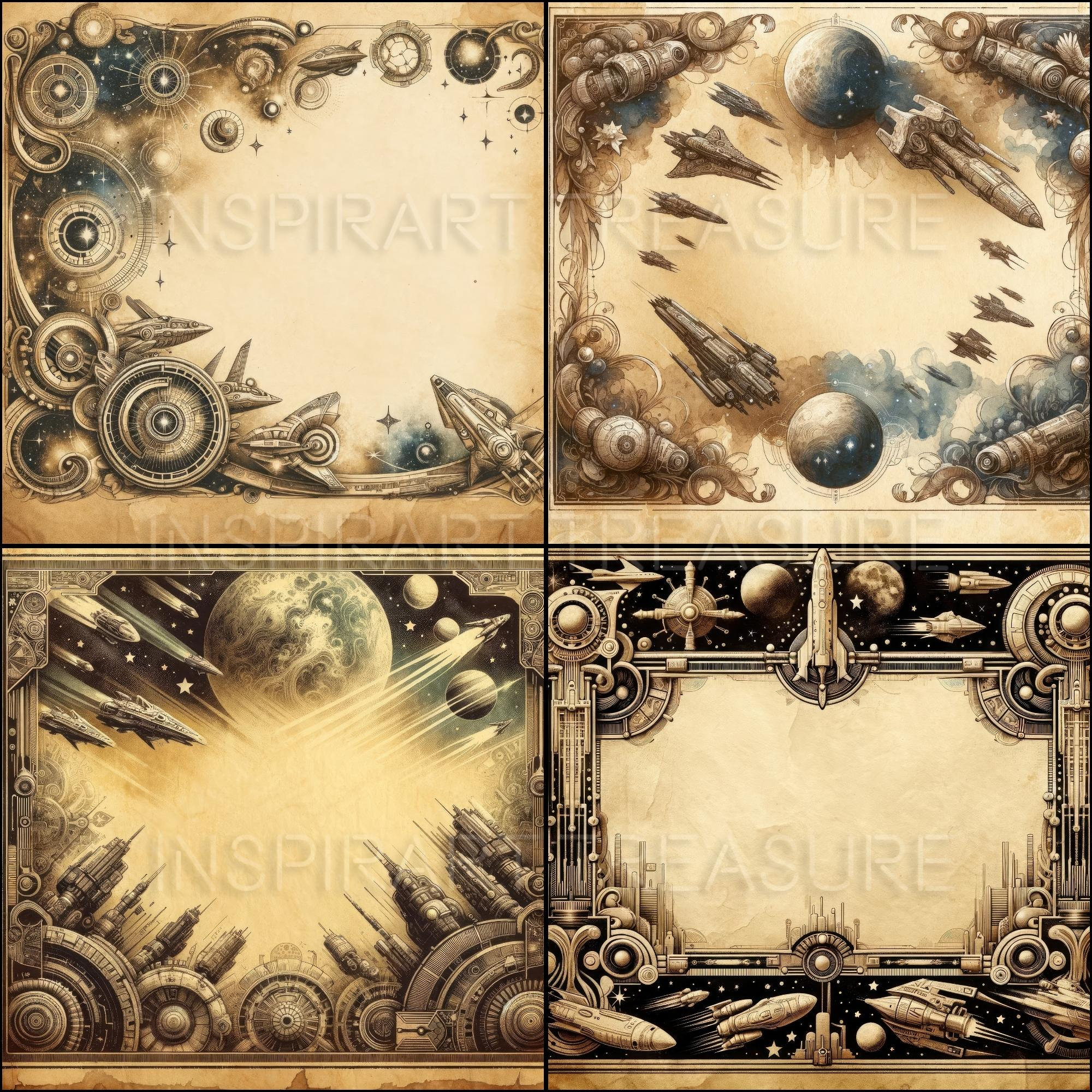 Sci-fi Watercolor Scrapbook Paper Kit, Vintage Art Journal Page Kit ...