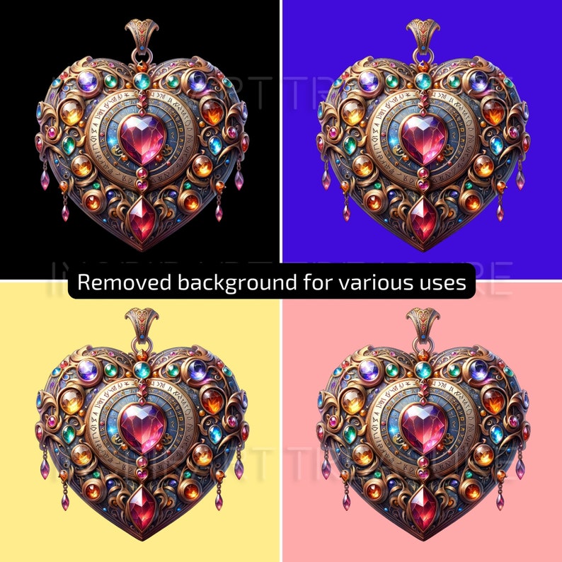 Mystical Heart Locket Clipart, Enchanted Gemstone Digital Art, Magical ...
