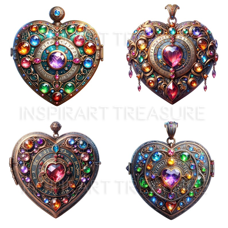 Mystical Heart Locket Clipart, Enchanted Gemstone Digital Art, Magical ...