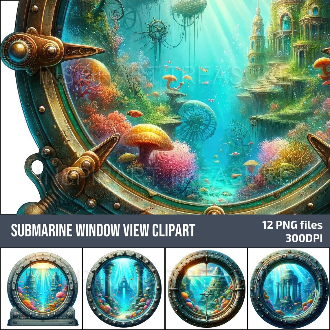 Underwater Fantasy Submarine Window Clipart, Ancient City View, Perfect ...