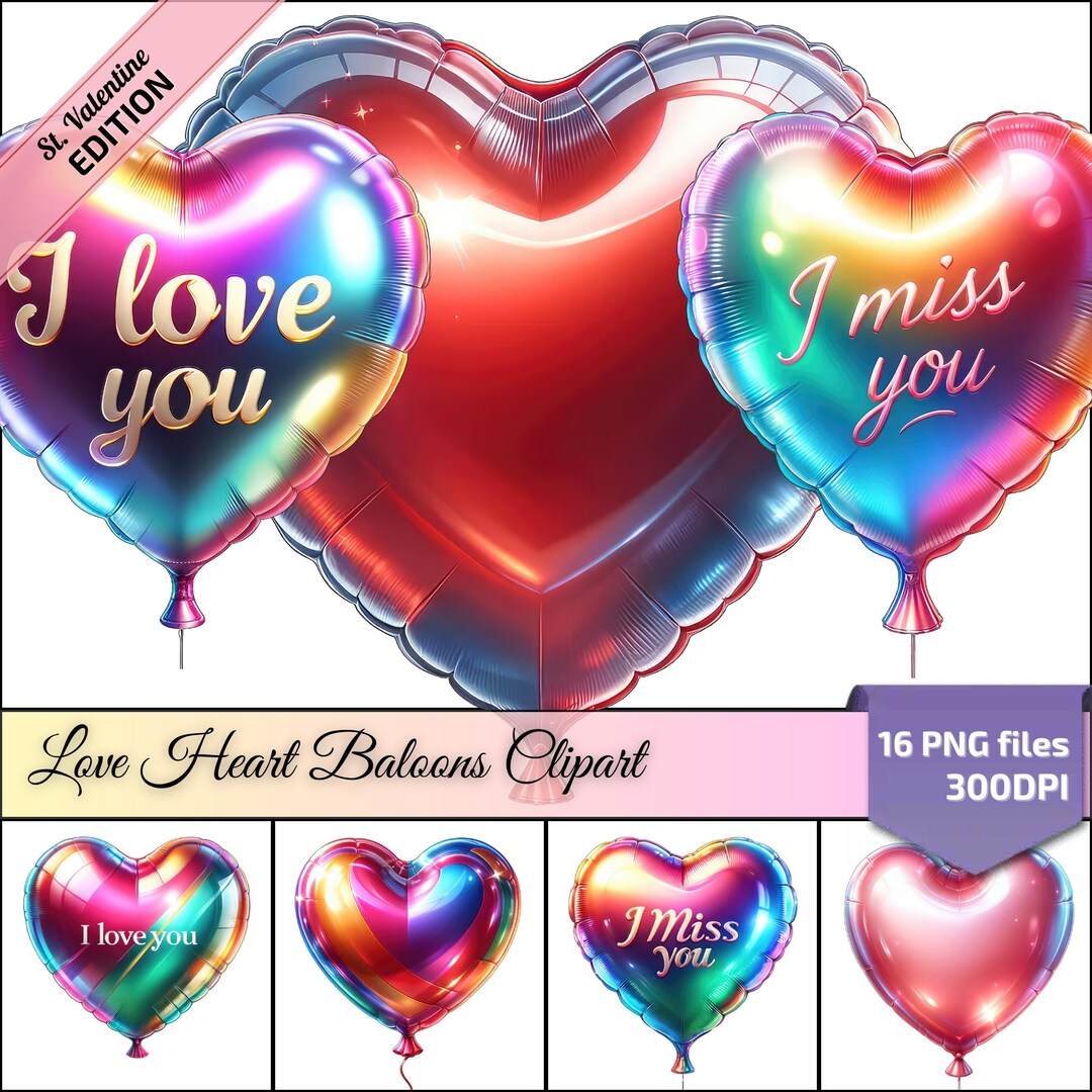 Love Heart Balloons Clipart, Valentine's Day Collection, Scrapbook Gift ...