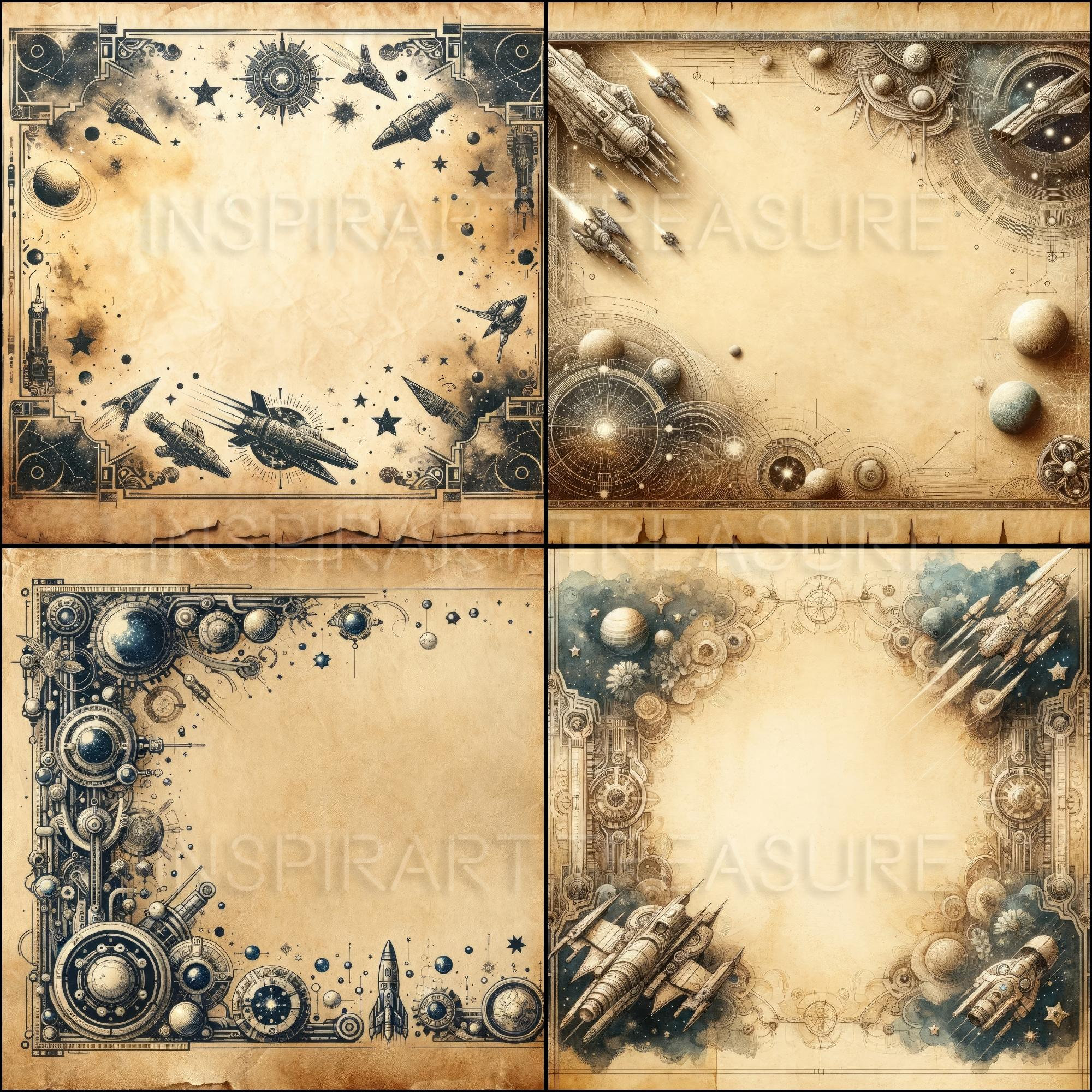 Sci-fi Watercolor Scrapbook Paper Kit, Vintage Art Journal Page Kit ...