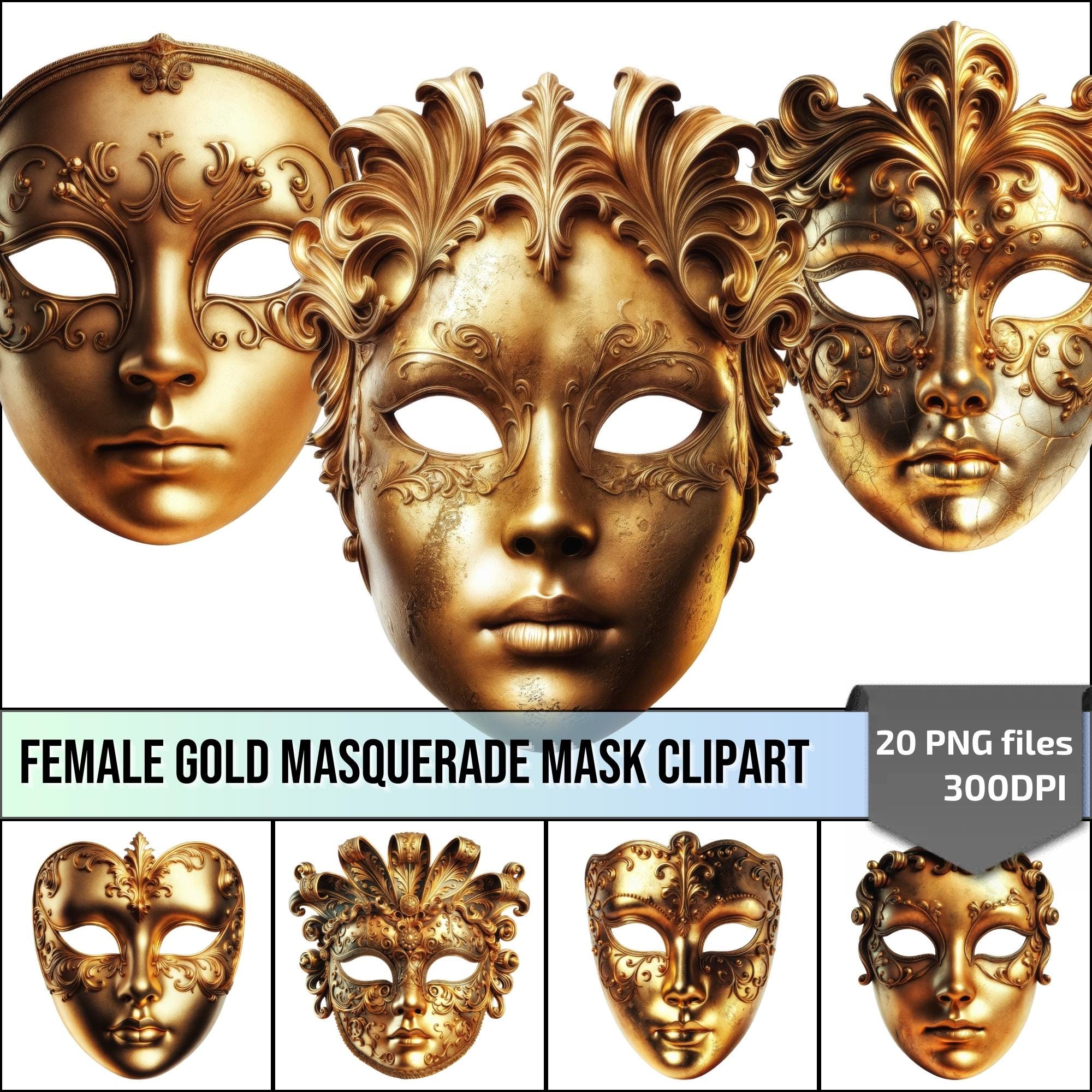 Gold Masquerade Mask Clipart PNG Carnival Masks for Woman, Ideal for ...