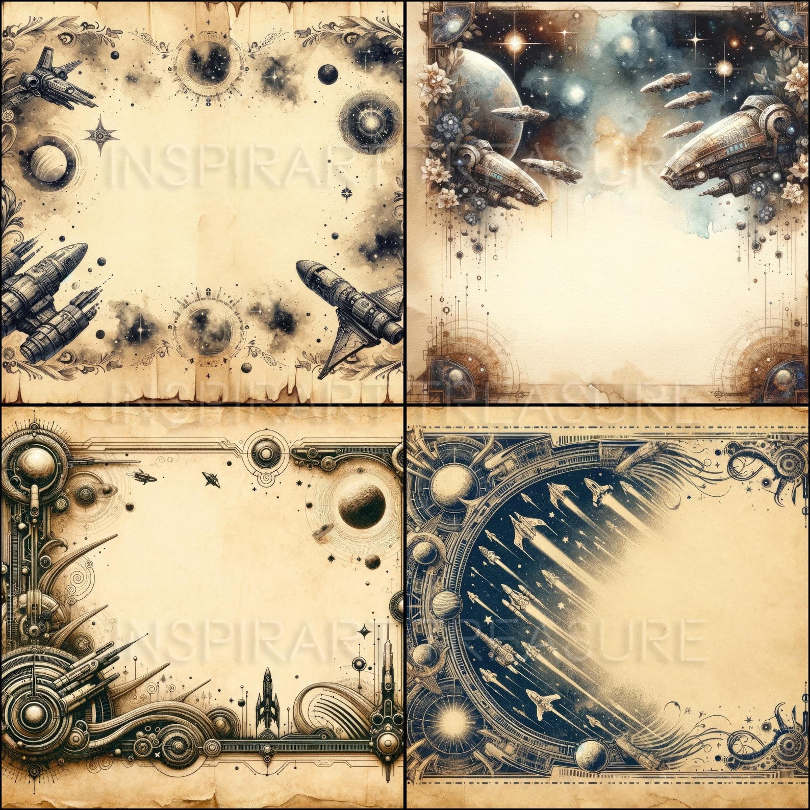 Sci-fi Watercolor Scrapbook Paper Kit, Vintage Art Journal Page Kit, Watercolor Spaceship and ...