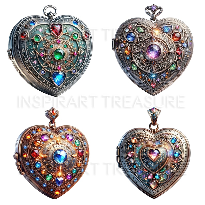 Mystical Heart Locket Clipart, Enchanted Gemstone Digital Art, Magical ...