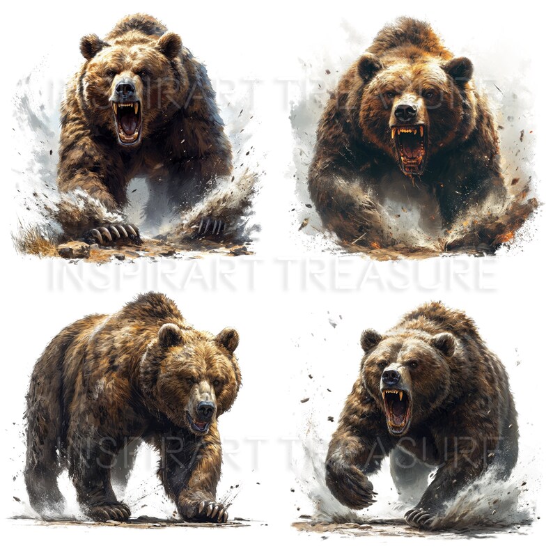 Digital Watercolor Bear Clipart, Angry Beast Illustration, Wildlife ...