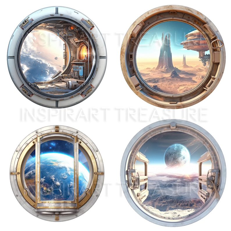 Sci Fi Watercolor Spaceship Window Clipart, Digital Scrapbook Paper Kit ...