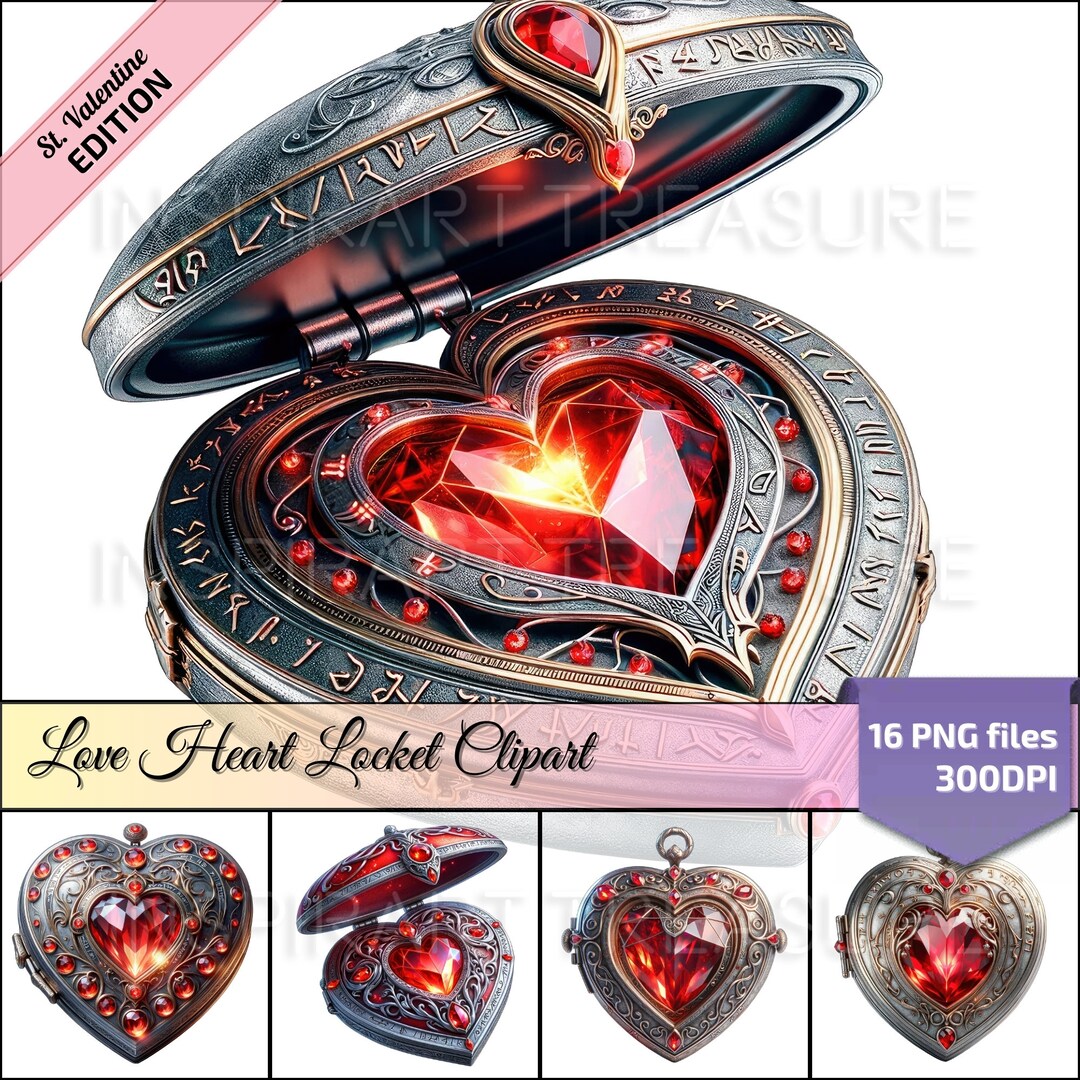Mystical Red Crystal Heart Locket Clipart, Digital Art Download ...