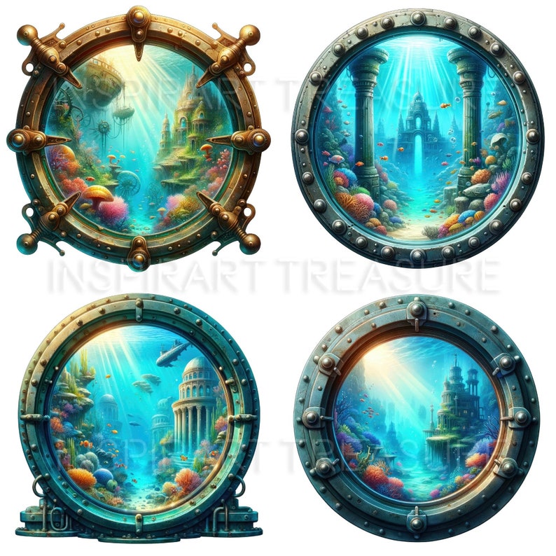 Underwater Fantasy Submarine Window Clipart, Ancient City View, Perfect ...