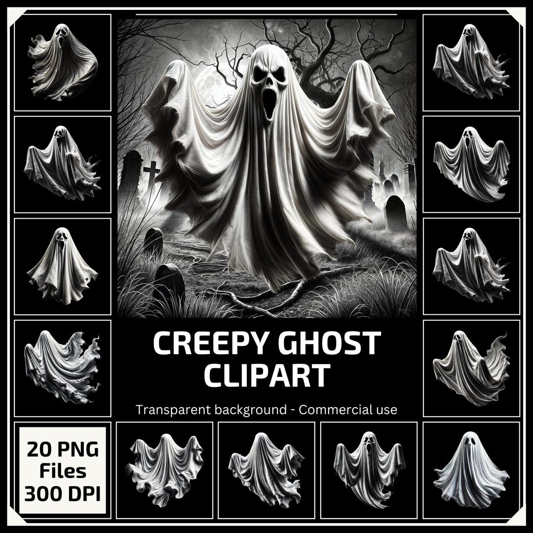 Creepy Halloween Ghost Clipart, Ghost Face Sheet PNG Art, Spooky ...