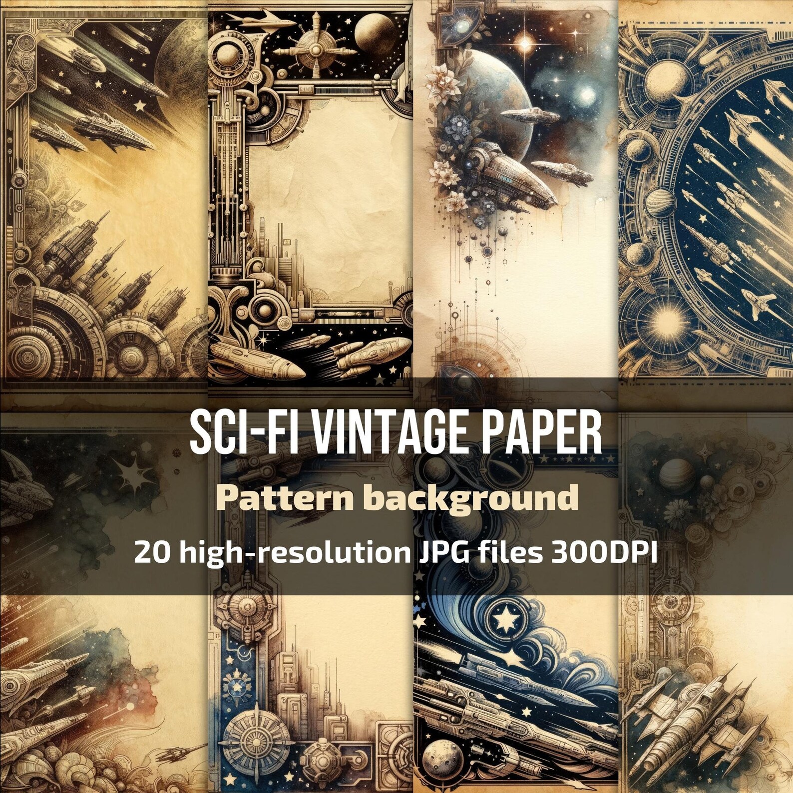 Sci-fi Watercolor Scrapbook Paper Kit, Vintage Art Journal Page Kit ...
