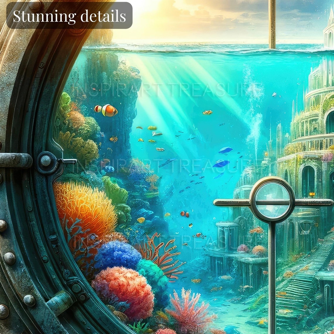 Underwater Fantasy Submarine Window Clipart, Ancient City View, Perfect ...