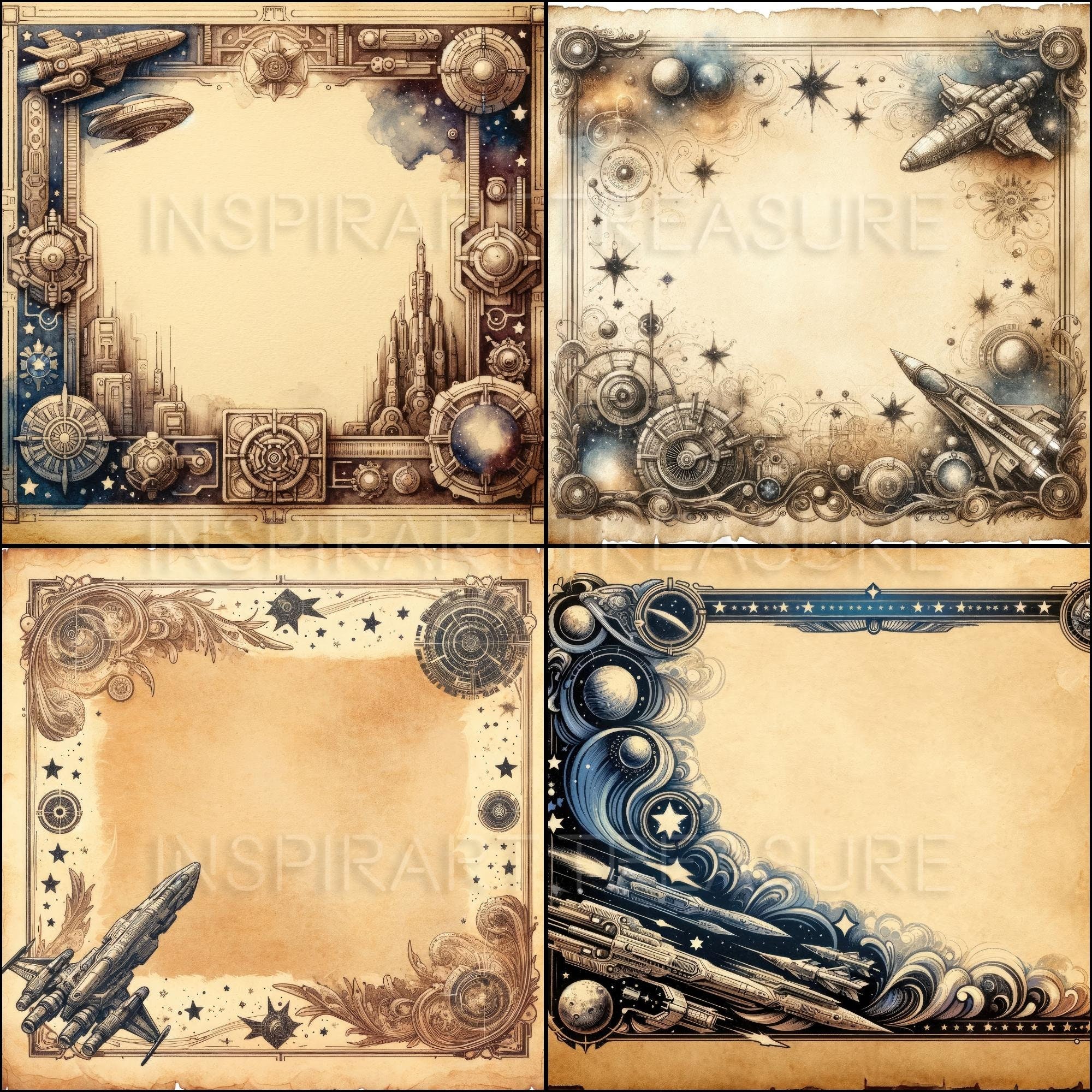 Sci-fi Watercolor Scrapbook Paper Kit, Vintage Art Journal Page Kit ...