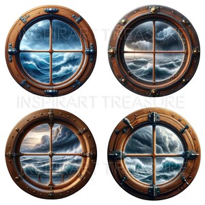 Nautical Watercolor Ship Window Clipart, Stormy Sea View Art, Round ...