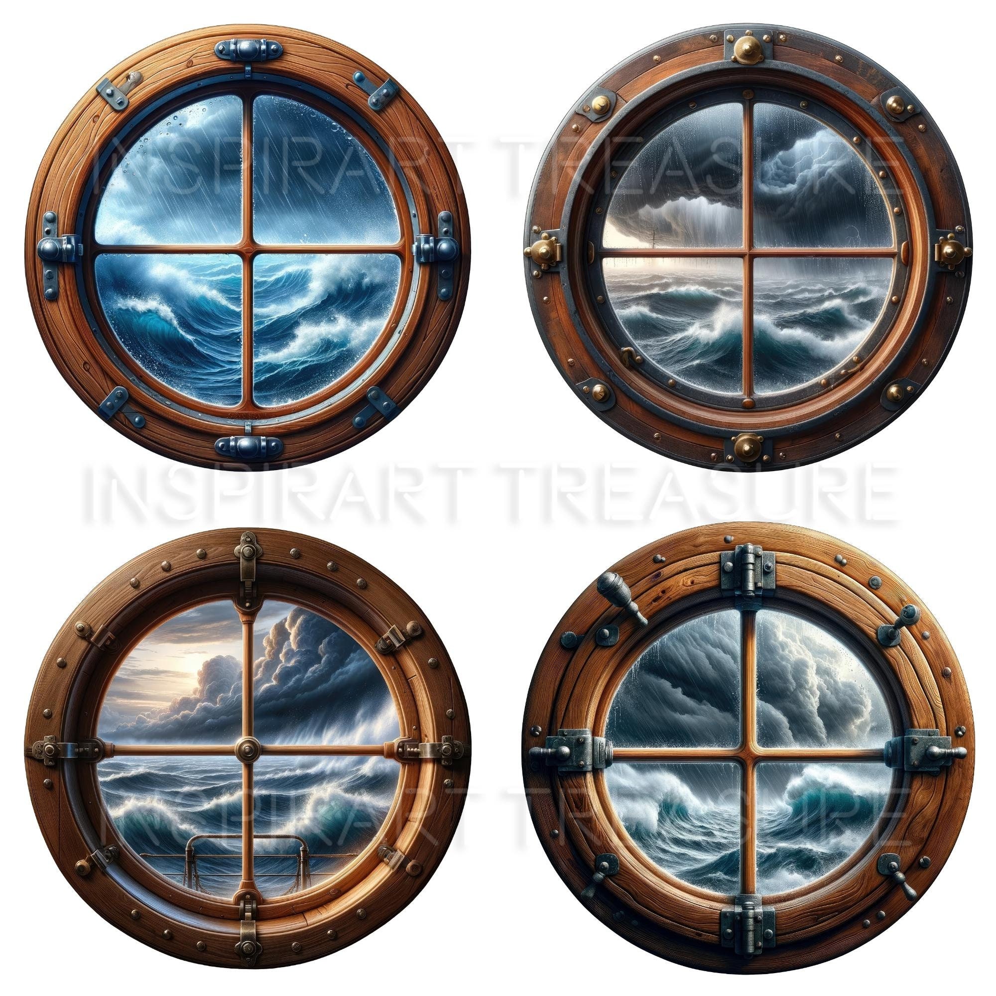 Nautical Watercolor Ship Window Clipart, Stormy Sea View Art, Round ...