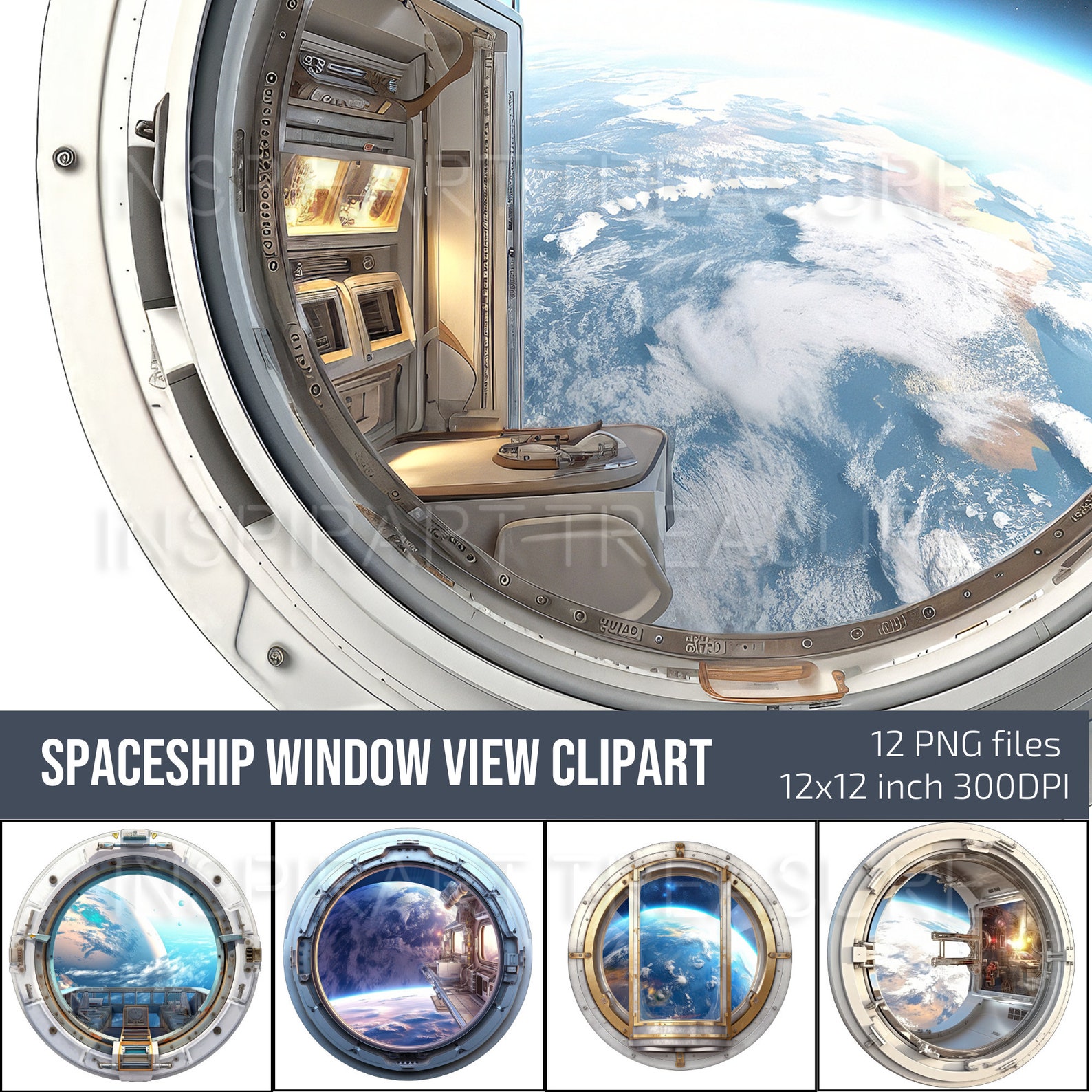 Sci Fi Watercolor Spaceship Window Clipart, Digital Scrapbook Paper Kit ...