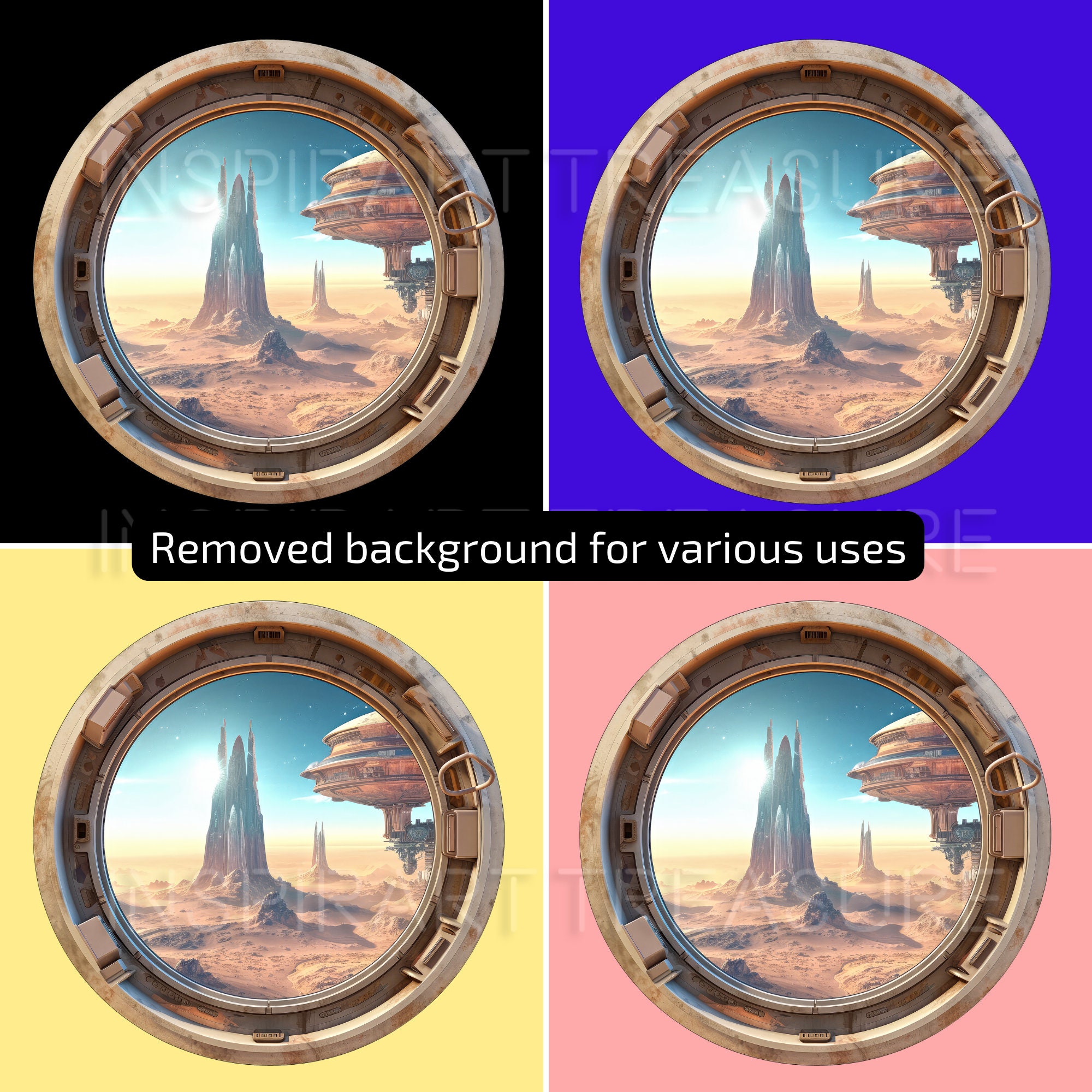 Sci Fi Watercolor Spaceship Window Clipart, Digital Scrapbook Paper Kit ...