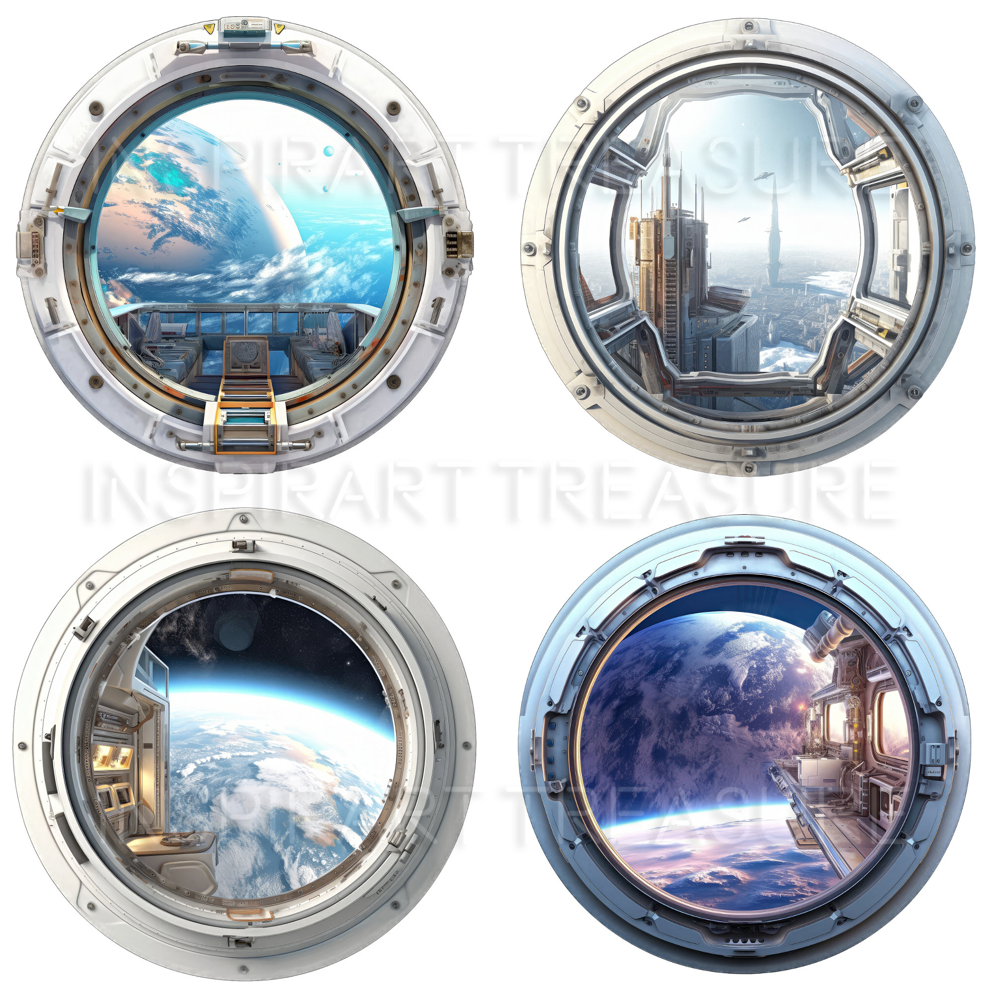 Sci Fi Watercolor Spaceship Window Clipart, Digital Scrapbook Paper Kit ...