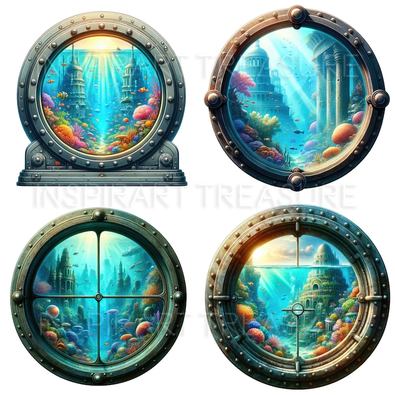 Underwater Fantasy Submarine Window Clipart, Ancient City View, Perfect ...