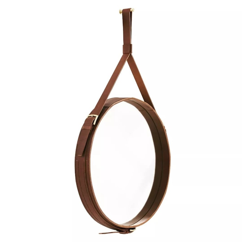Hand Stitched Brown Leather Wall Mirror, Brass Buckle Hanging - Etsy