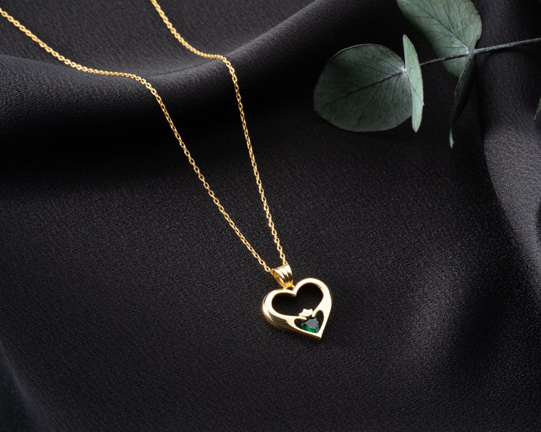 Dainty Birthstone Heart Necklace, Heart Necklace With Birthstone ...