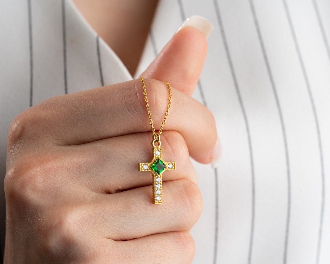 Custom Birthstone Cross Necklace, Birthstone Cross Necklace Surrounded ...