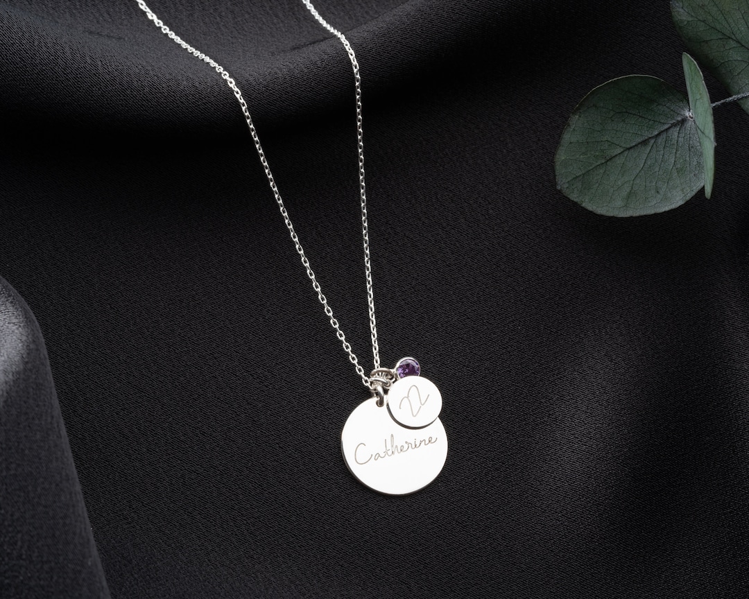 Personalized Disc Date and Name Necklace With Birthstone, Large Disc ...