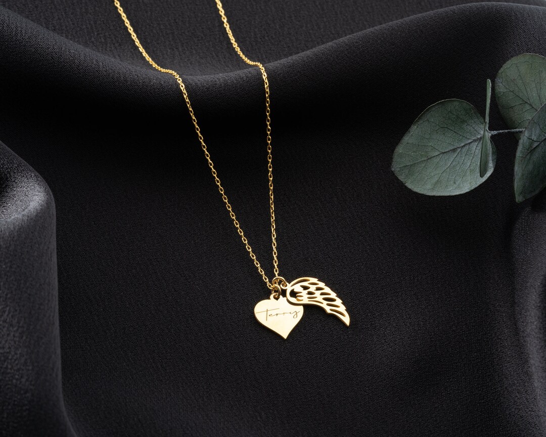 Angel Wing Necklace Engraved A Name on Heart, Custom Angel Wing ...