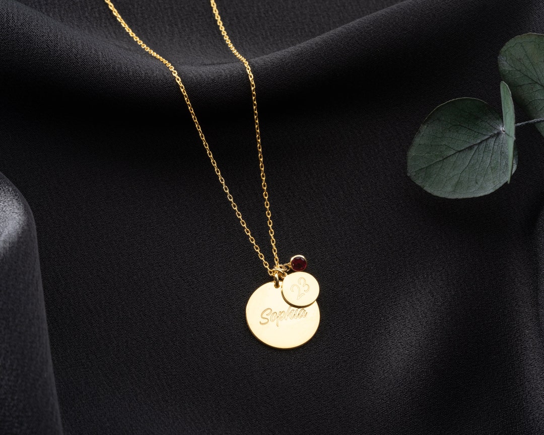 Personalized Disc Date and Name Necklace With Birthstone, Large Disc ...