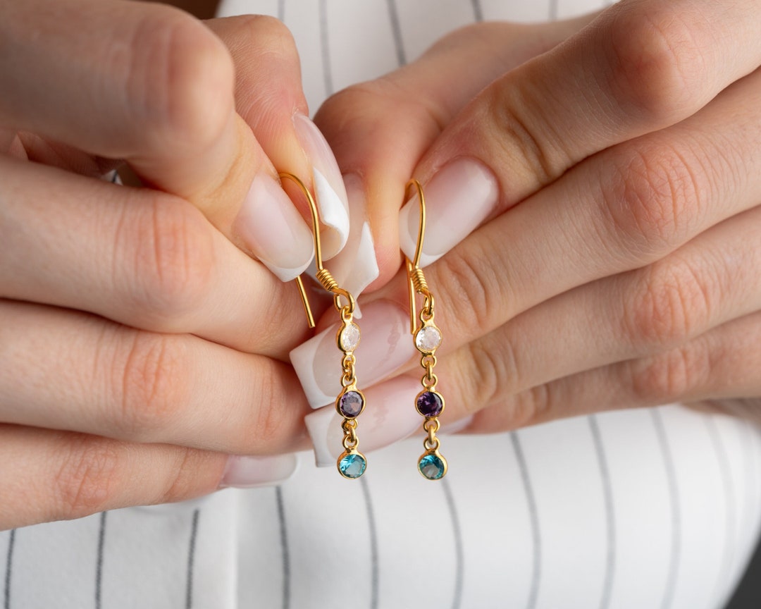 Family Birthstone Dangle Earrings, Multiple Birthstone Earrings for ...