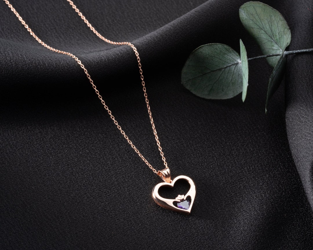Dainty Birthstone Heart Necklace, Heart Necklace With Birthstone ...