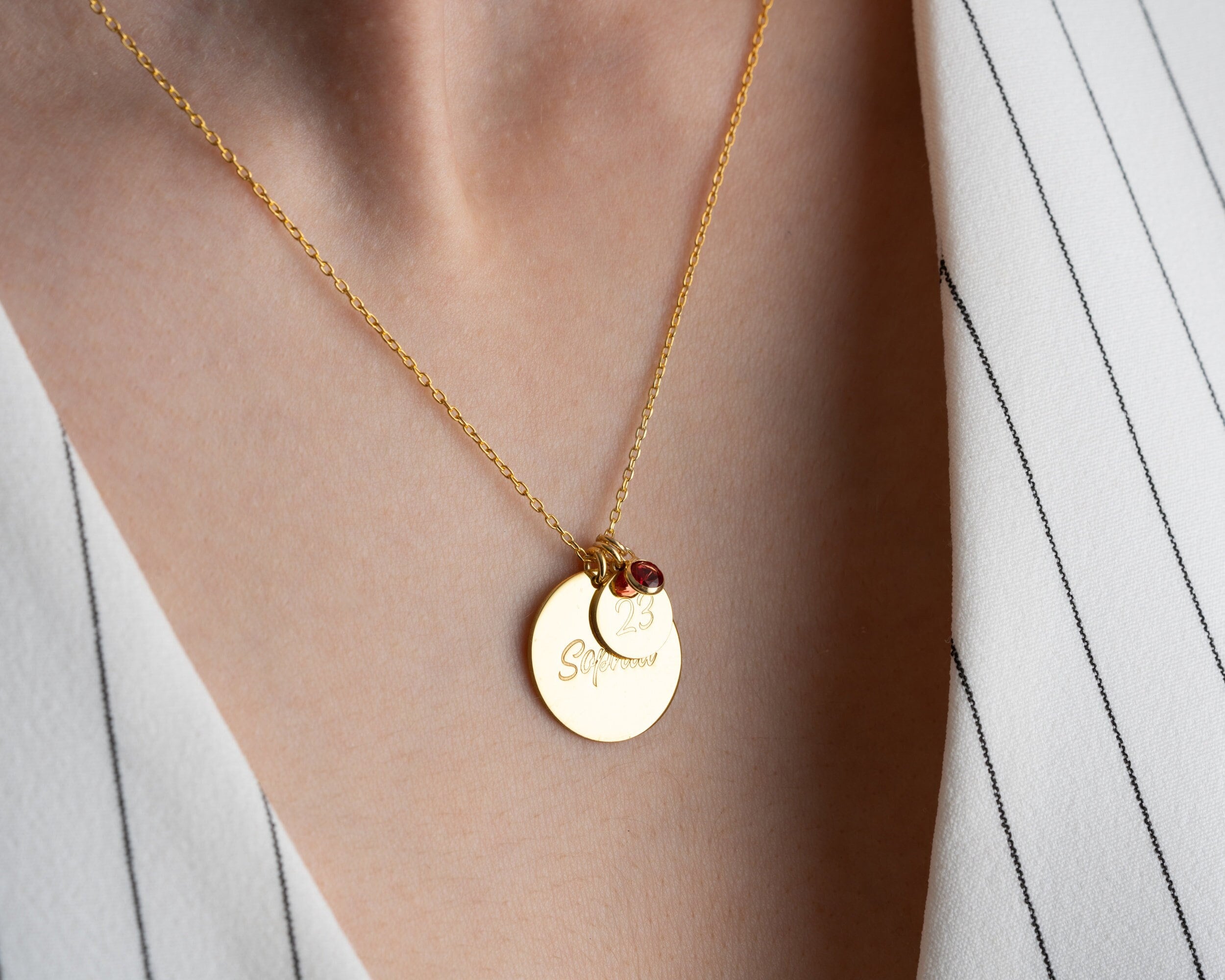 Personalized Disc Date and Name Necklace With Birthstone, Large Disc ...