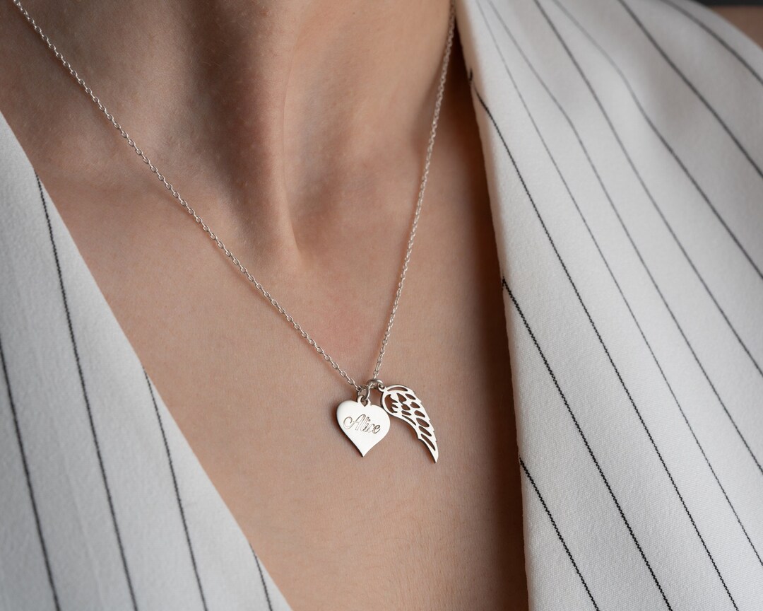 Angel Wing Necklace Engraved A Name on Heart, Custom Angel Wing ...