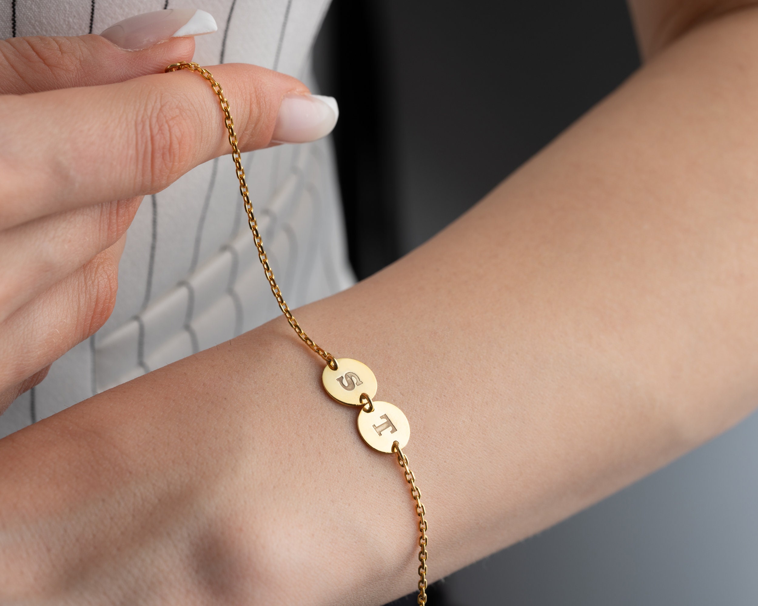 Initial Disc Bracelet, Tiny Letter Disc Bracelet, Couple Bracelet ...