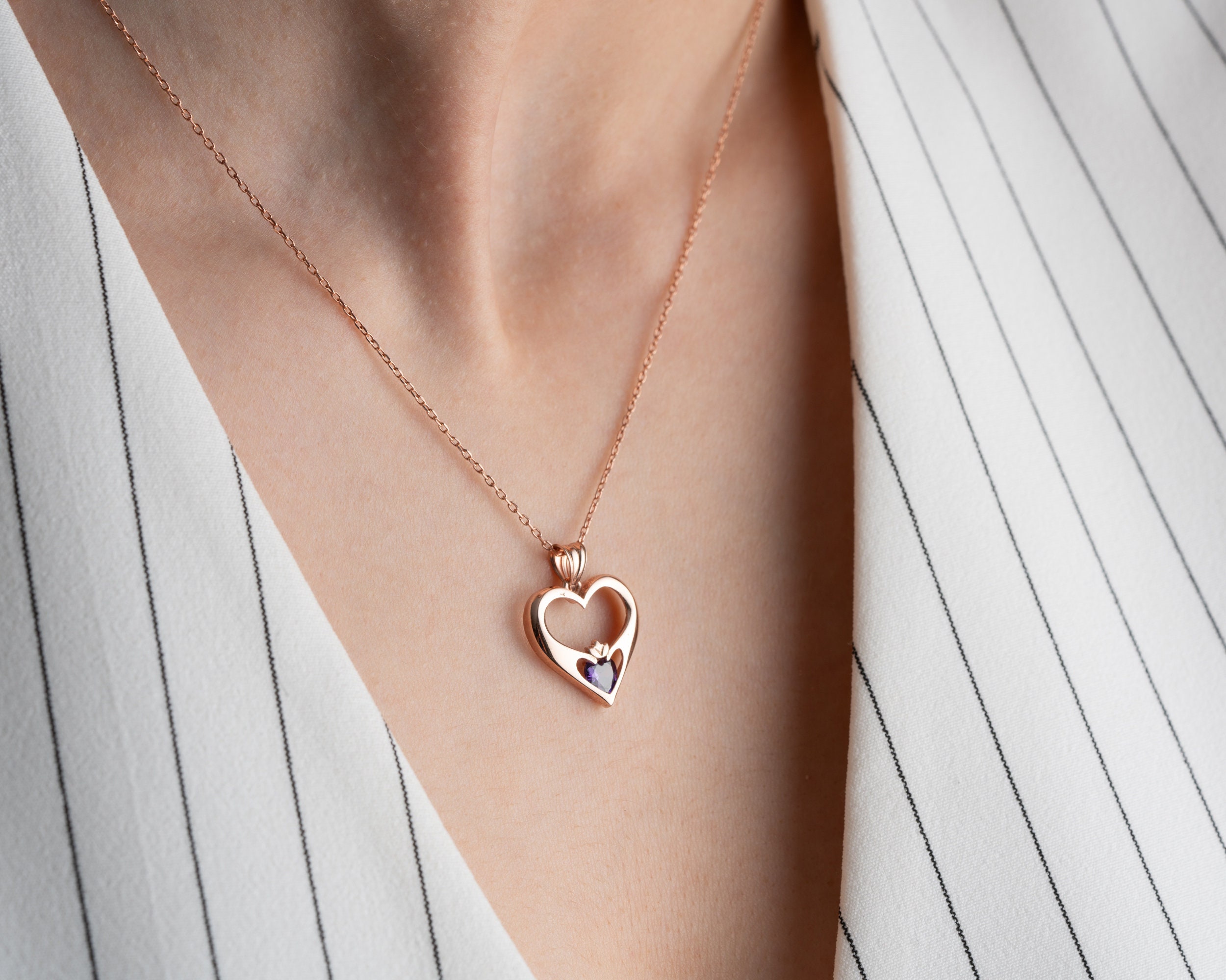 Dainty Birthstone Heart Necklace, Heart Necklace With Birthstone ...