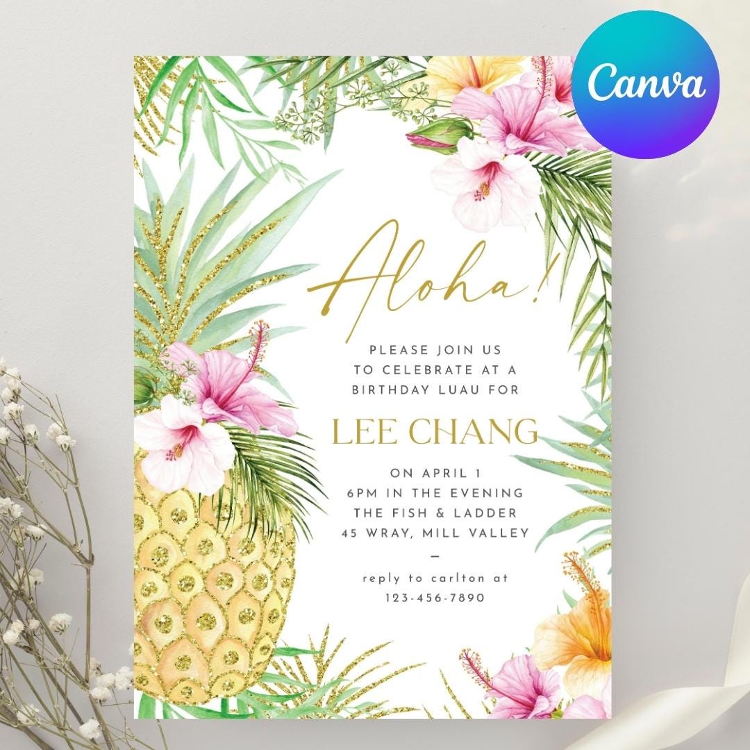 Glittery Pineapple Birthday Invitation: Tropical Pineapple Birthday ...