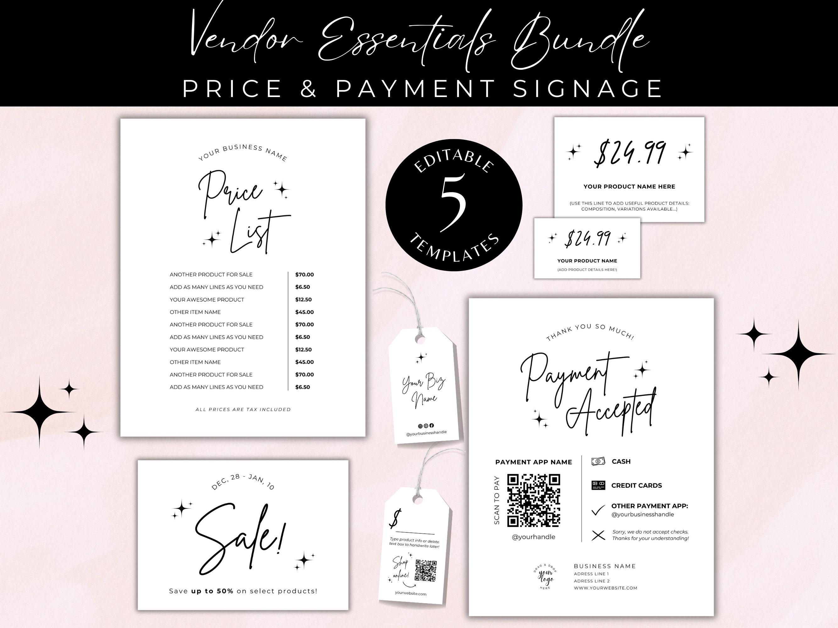 Vendor Event Templates Bundle, Editable Price List, Payment Sign, Hang ...