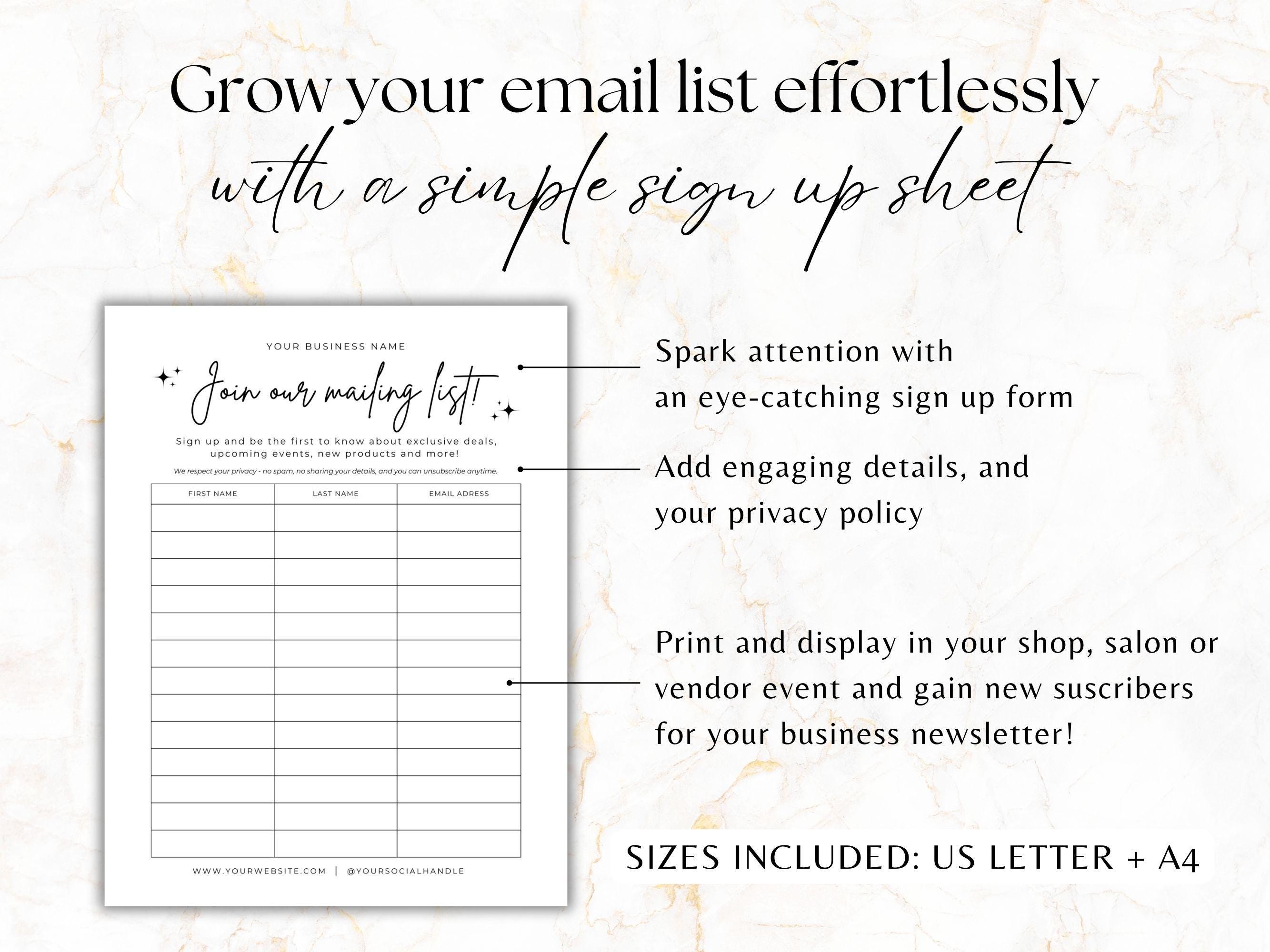 Mailing List Form Template, Editable Sign up Sheet for Small Business ...