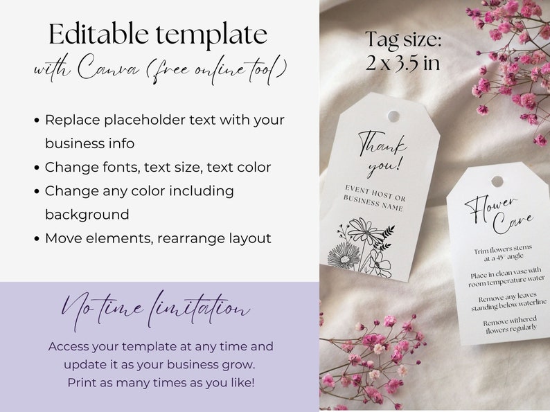 Flower Care Tag Template for Flower Bar Guest Favor Tag or Florist ...