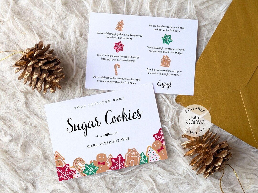 Sugar Cookies Care Card Template, Editable Customer Instructions Insert ...