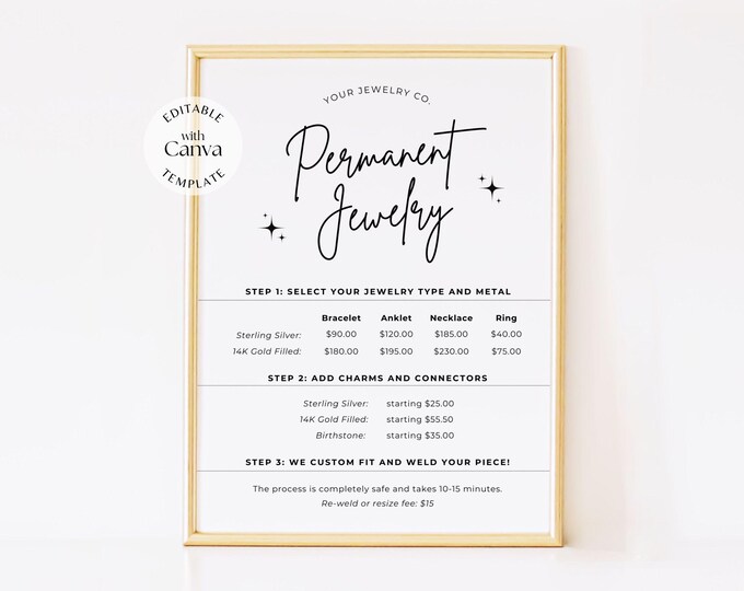 Permanent Jewelry Sign Template, Editable Steps and Price List Template ...